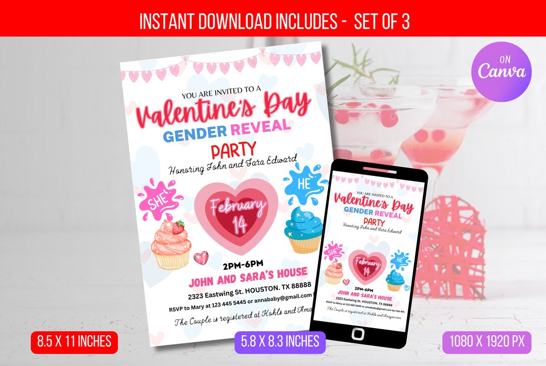 EDITABLE Valentines Day Reveal Party Flyer, Valentine Baby Reveal Party ...