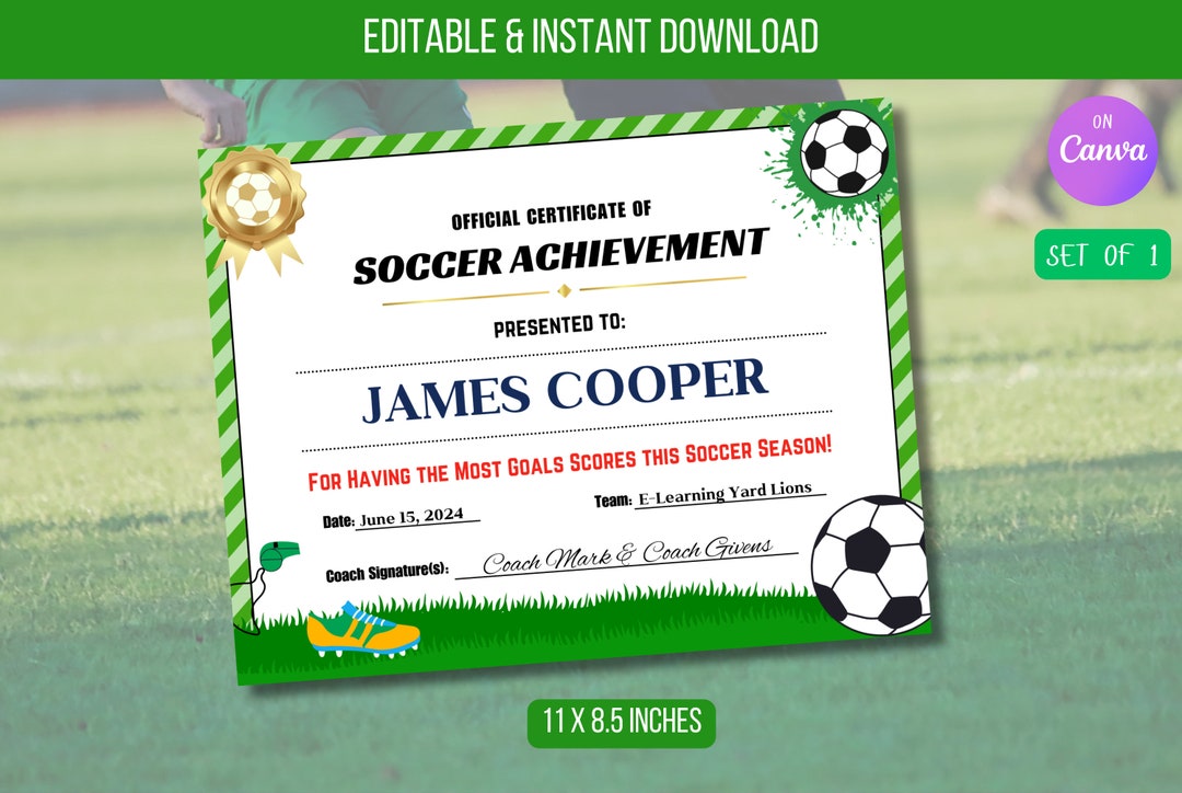 EDITABLE Soccer Award Certificate, Team Soccer Award Cert, Soccer Party ...