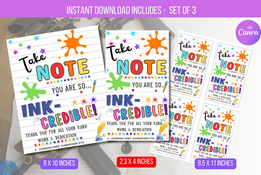 EDITABLE Thank You Gift Tags, Take Note You Are Ink-credible, Teacher ...