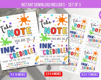 Pen Thank You Gift Tags, Take Note You Are Ink-credible, Teacher Staff ...