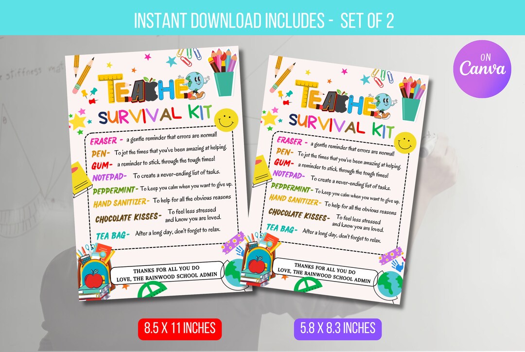 EDITABLE Teacher Survival Kit Template, Teacher Thank You Gift ...