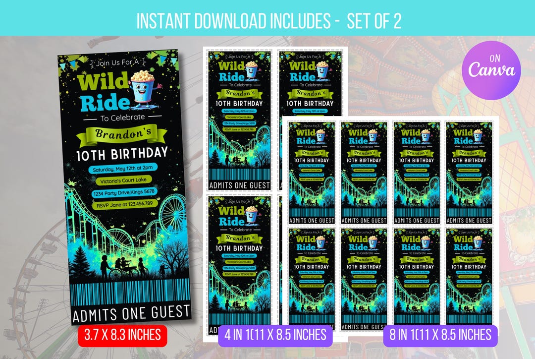 EDITABLE Carnival Wild Ride Invitation, Amusement Park Birthday Ticket ...