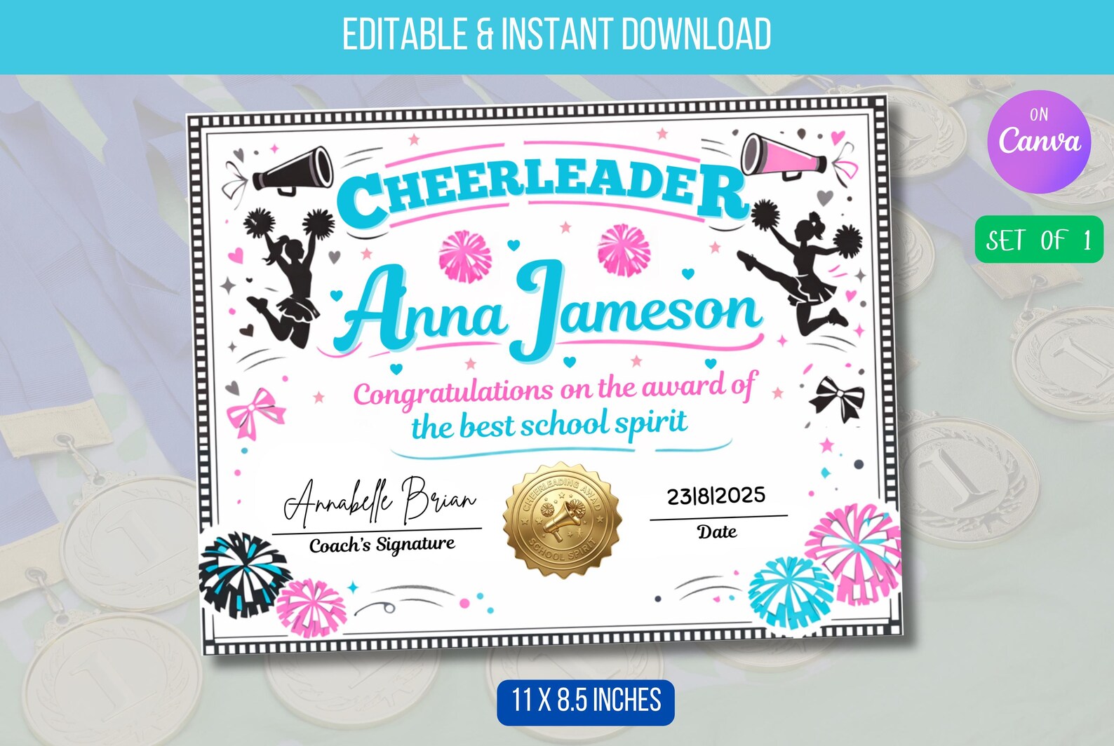 EDITABLE Cheerleader Certificate, Cheer Certificates Sports Award ...