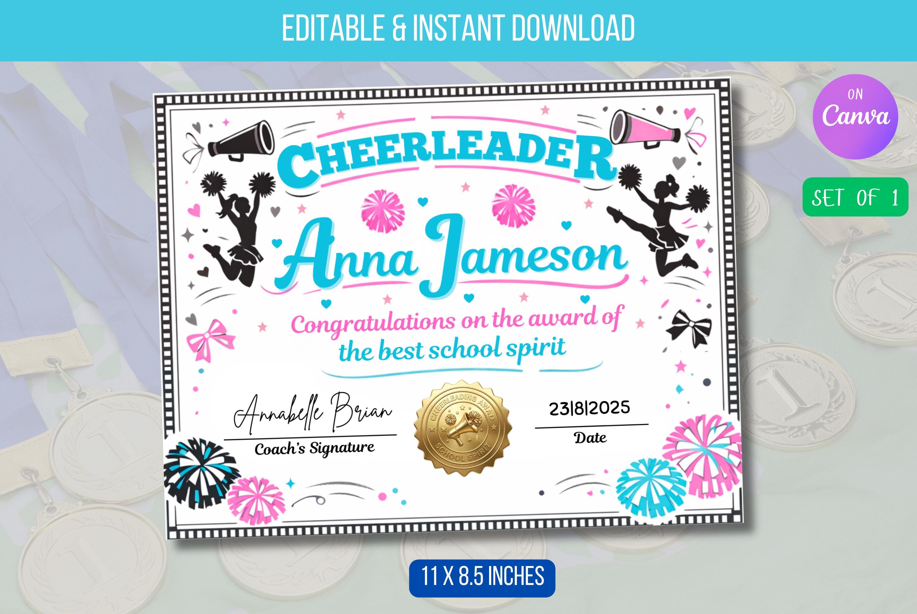 EDITABLE Cheerleader Certificate, Cheer Certificates Sports Award ...
