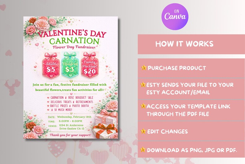 EDITABLE Valentines Day Carnation Flower Fundraiser Flyer, Fundraiser ...