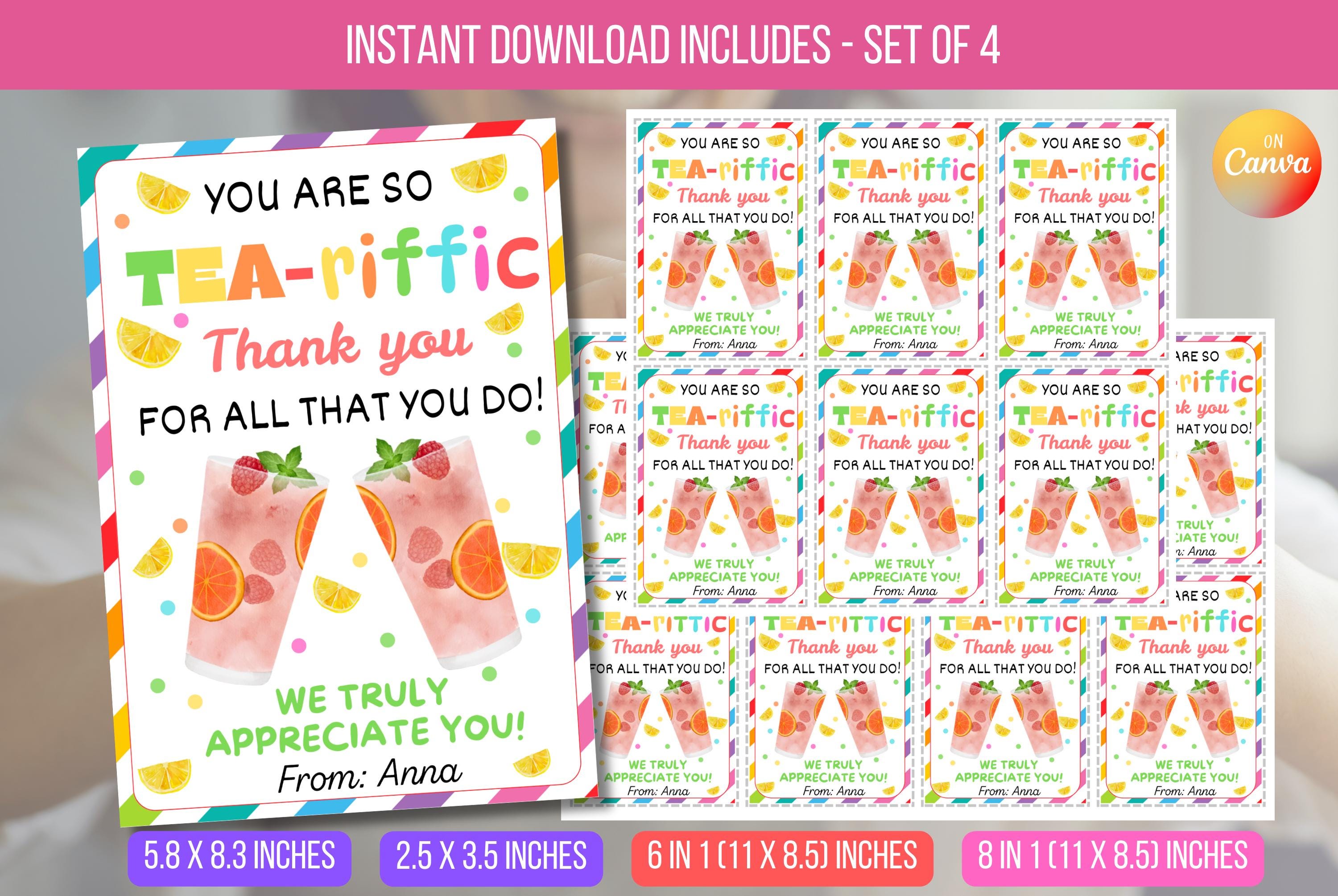 EDITABLE You're Tea-riffic Iced Tea Gift Tags, Teacher Appreciation Tag ...