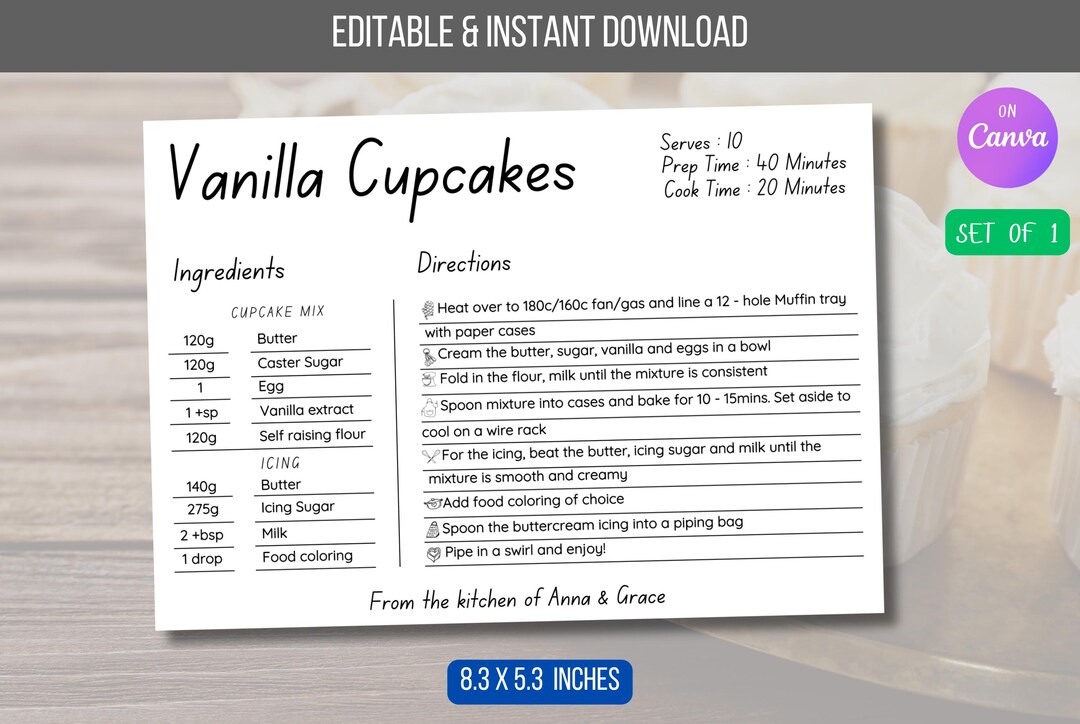 EDITABLE Vanilla Cupcake Recipe Card, Modern Minimal Recipe Book ...