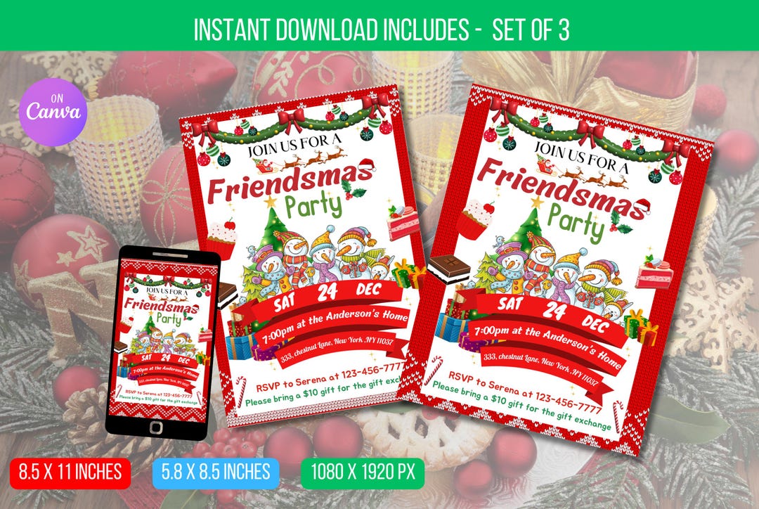 EDITABLE Friendsmas Party Invitation, Christmas Holiday Festive Party ...