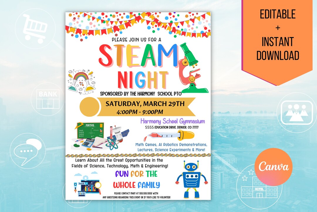 EDITABLE Family Steam Night Flyer, School PTA PTO Flyer, Community ...