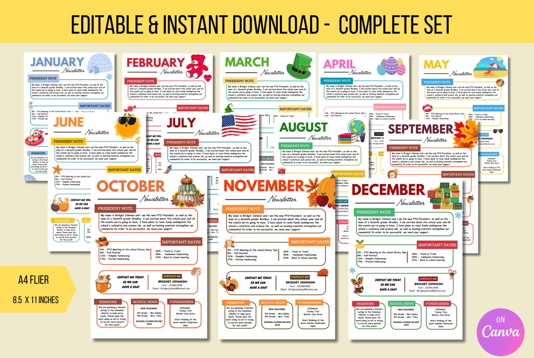 Editable Yearly/monthly Newsletter Template Set, Classroom Printable ...