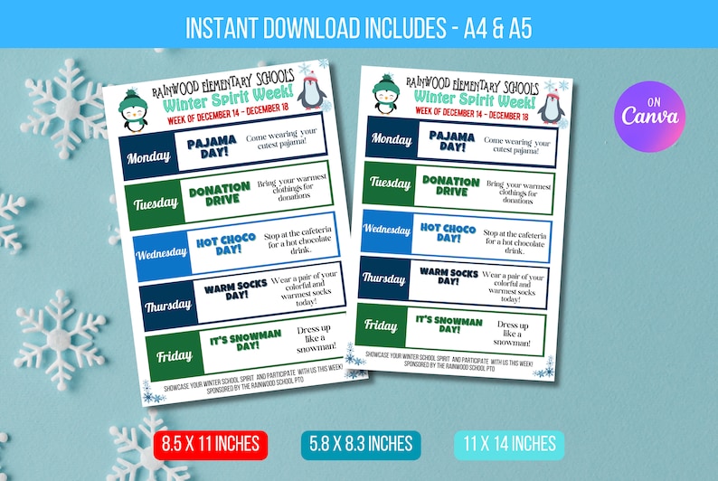 EDITABLE Winter Spirit Week Schedule Flyer Printable DIY Spirit Week ...