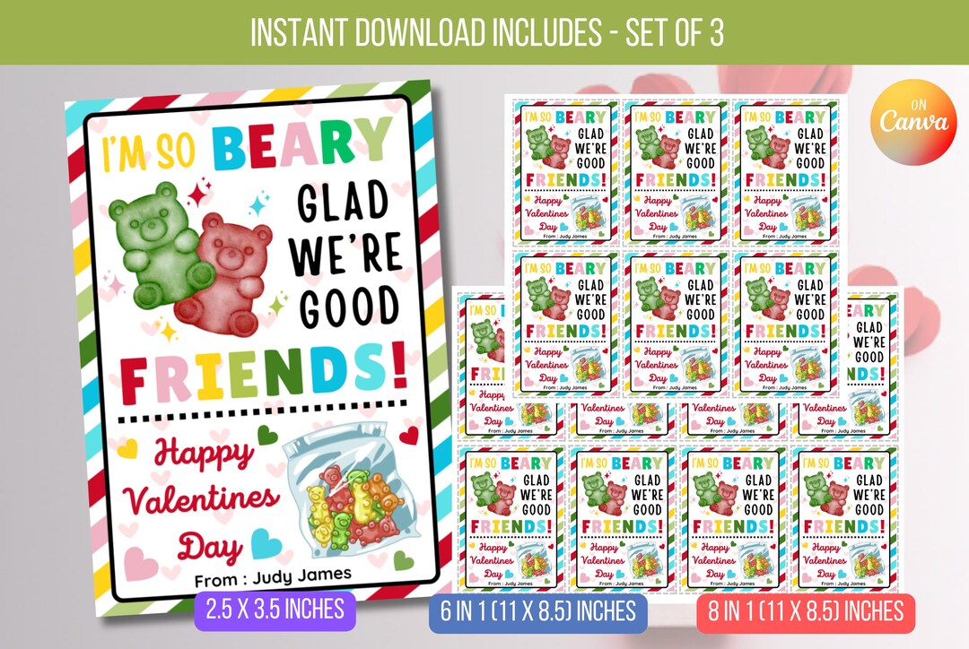 EDITABLE Valentine I'm so Beary Glad We Are Friends Tag, Happy ...