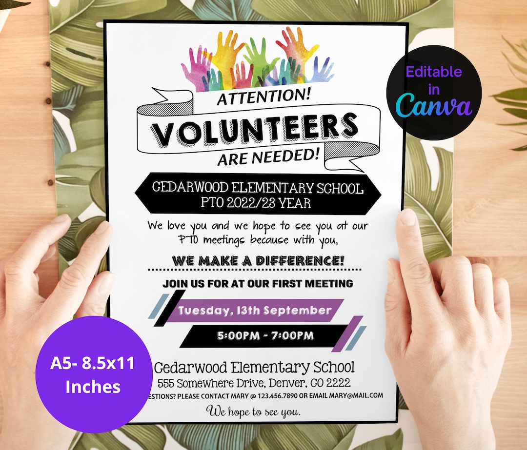 EDITABLE Volunteer Recruitment Flyer, Printable Handout, School ...