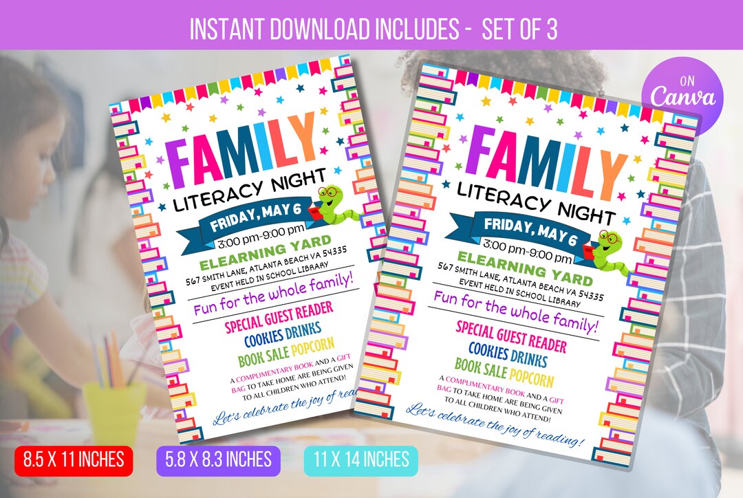 EDITABLE Family Literacy Night Flyer, PTO PTA Reading Book Sale School ...