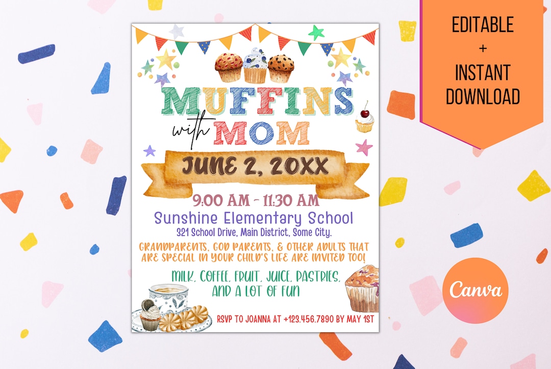 Editable Muffins With Mom, Mother's Day Invitation, School Mom ...