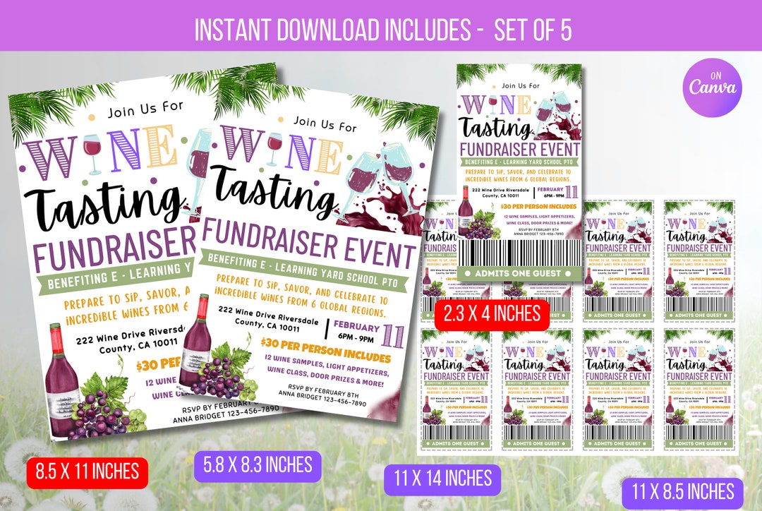 EDITABLE Wine Tasting Fundraiser Flyer With Tickets, PTA PTO ...