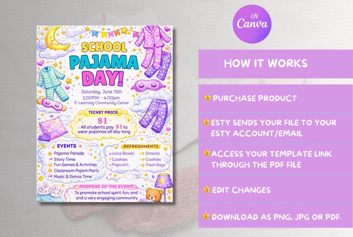 EDITABLE School Pajama Day Flyer, School Spirit Party, School ...