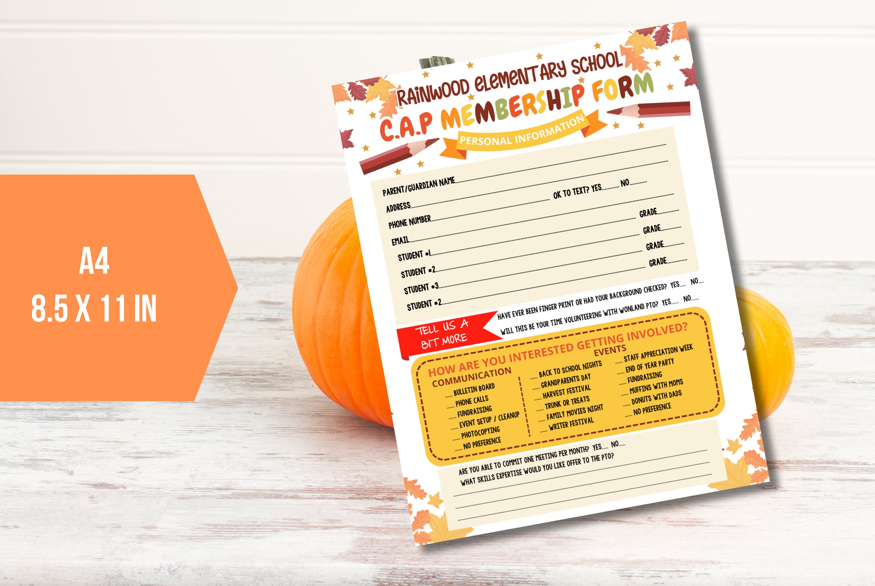 EDITABLE FALL PTO Membership Form, Pto/pta Parent Volunteer Sign up ...