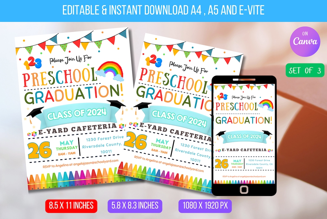 EDITABLE Preschool Graduation Invitation, Celebration Graduation Invite ...