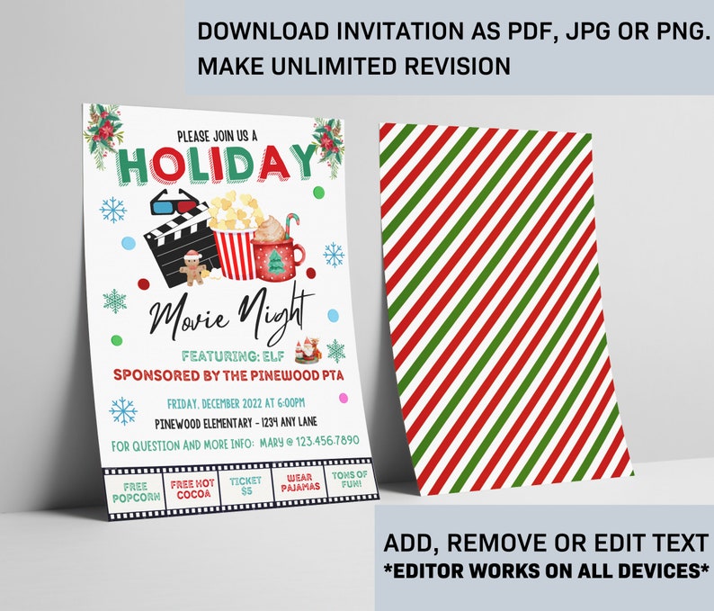 Editable Christmas Movie Night Invitation Printable Holiday - Etsy