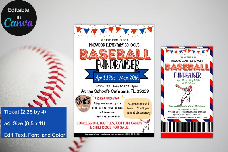 EDITABLE Baseballs Fundraiser Flyer Template With Ticket - Etsy