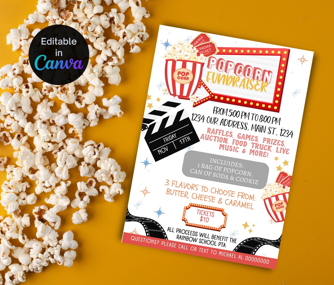 Editable Popcorn Fundraiser Event, Popcorn Party Theme, PTA PTO School ...