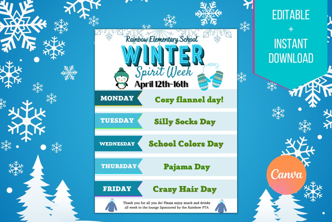 Winter Spirit Week Editable Schedule | Printable DIY Spirit Week ...