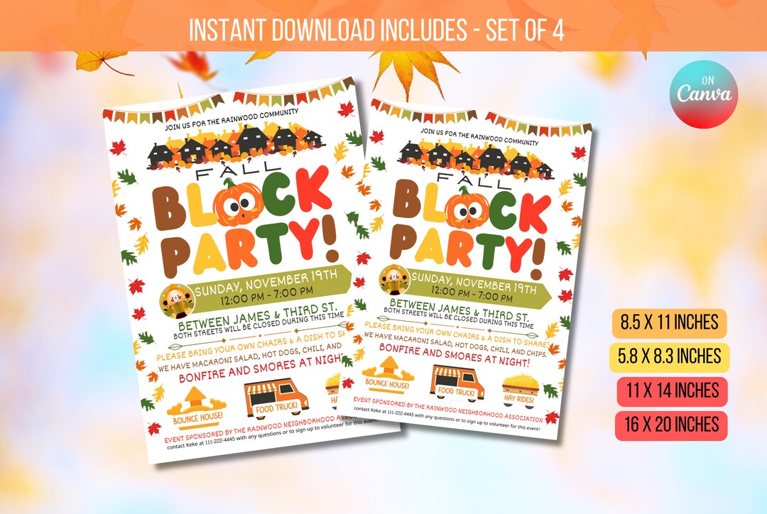 EDITABLE Fall Block Party Invitation Flyer, School Party, Community ...