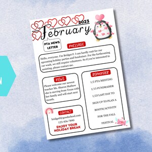 EDITABLE February Newsletter Template, Classroom Printable Handout ...