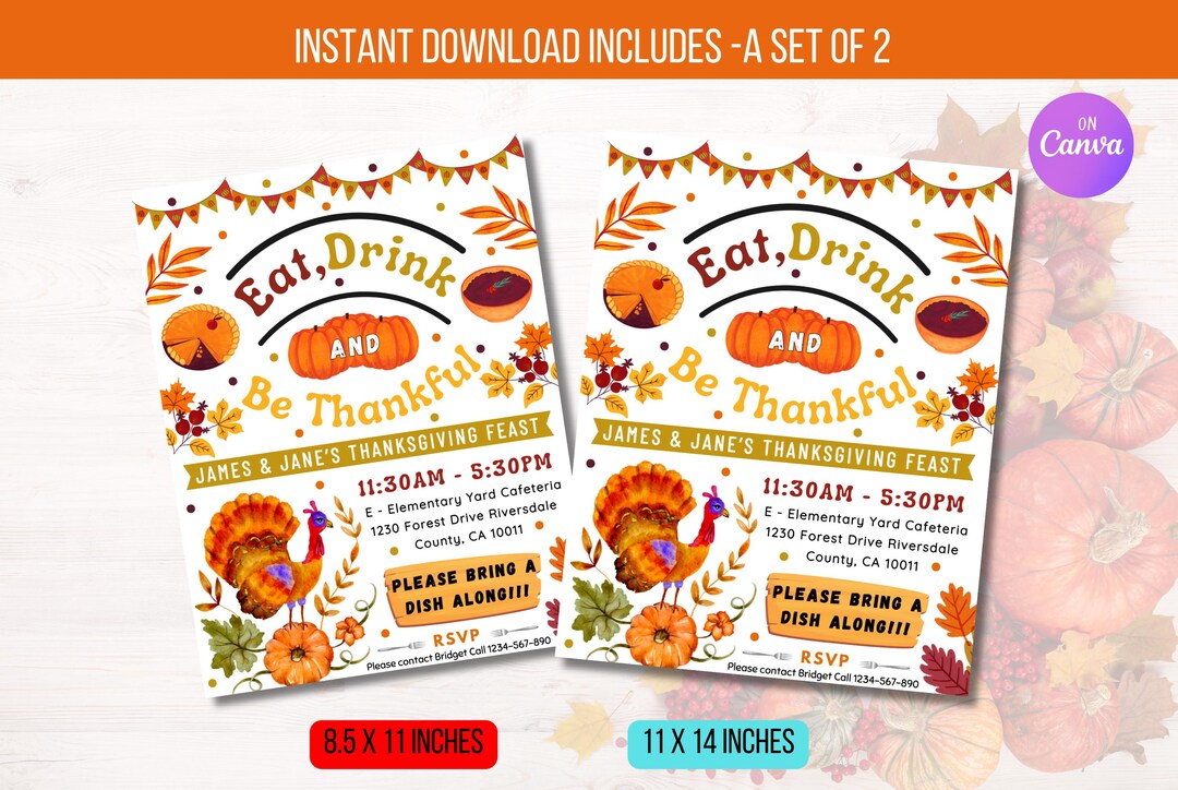 EDITABLE Eat, Drink and Be Thankful Flyer, Thanksgiving Dinner ...