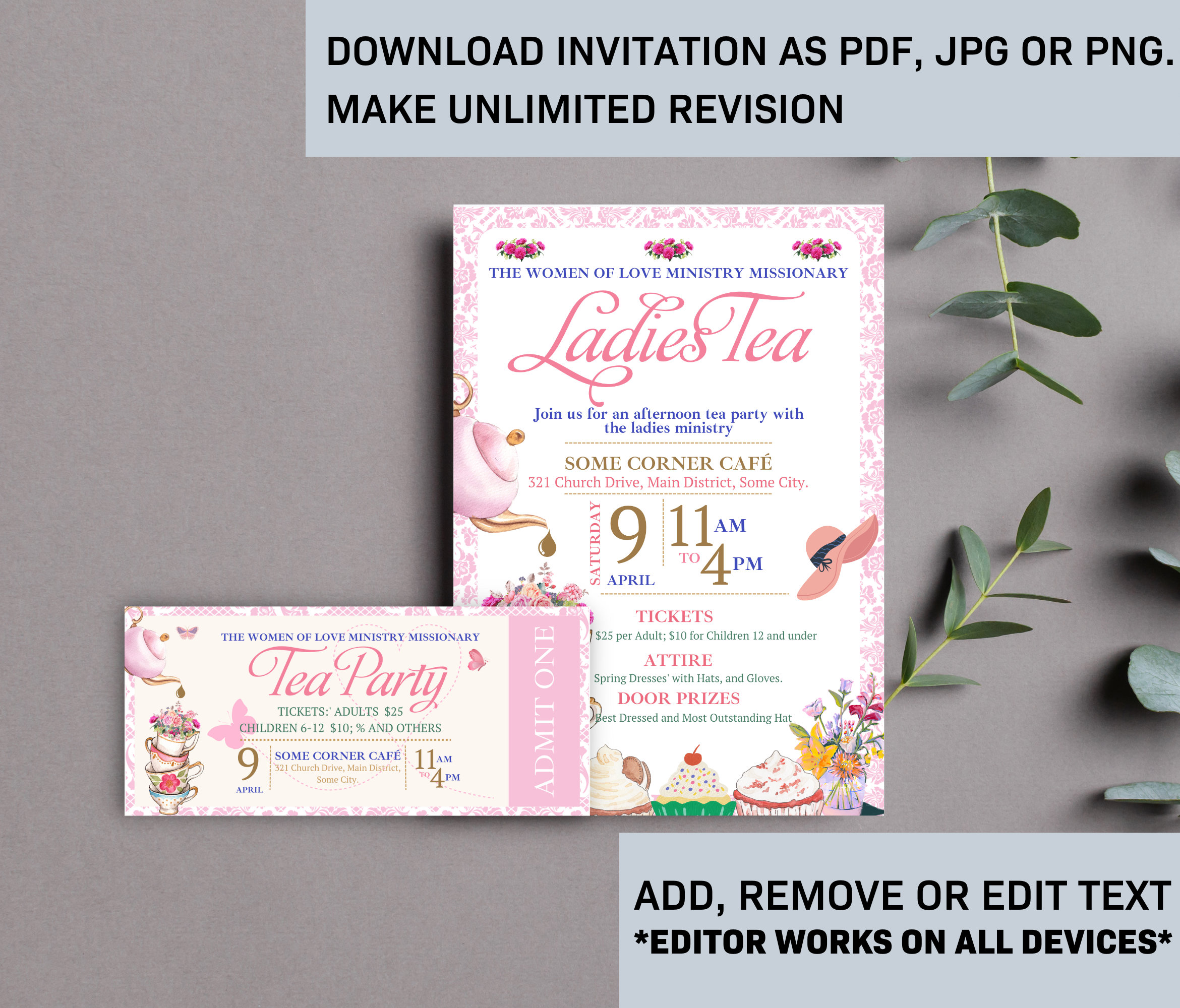 Ladies Tea Event Flyer Printable, Pink and Gold Par-tea Invite Template ...