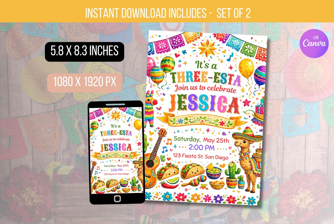 EDITABLE Adios Dos Birthday Invite, Fiesta Third Birthday Party ...