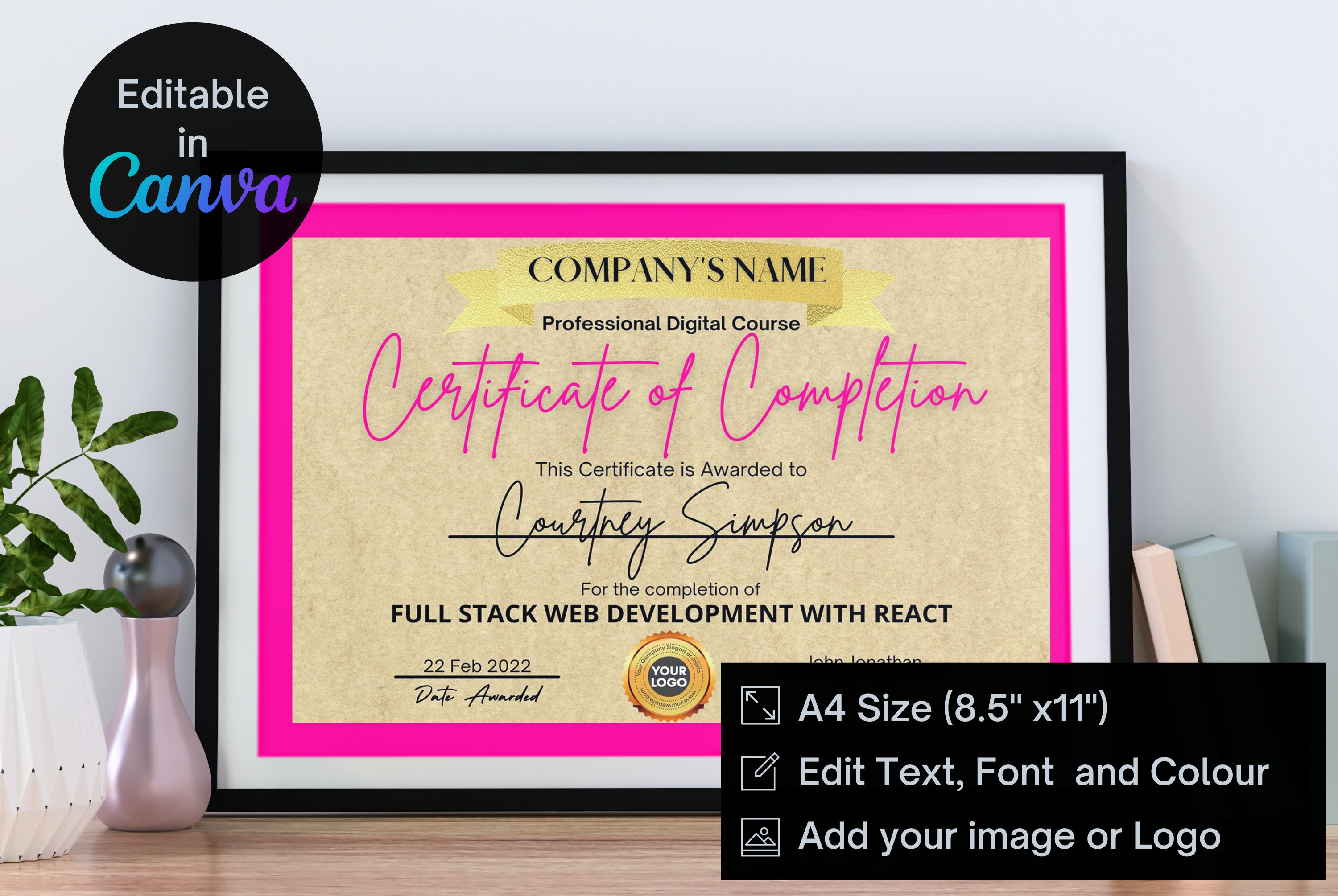 DIY Certificate of Completion Template, Pink Certificate, Gold ...