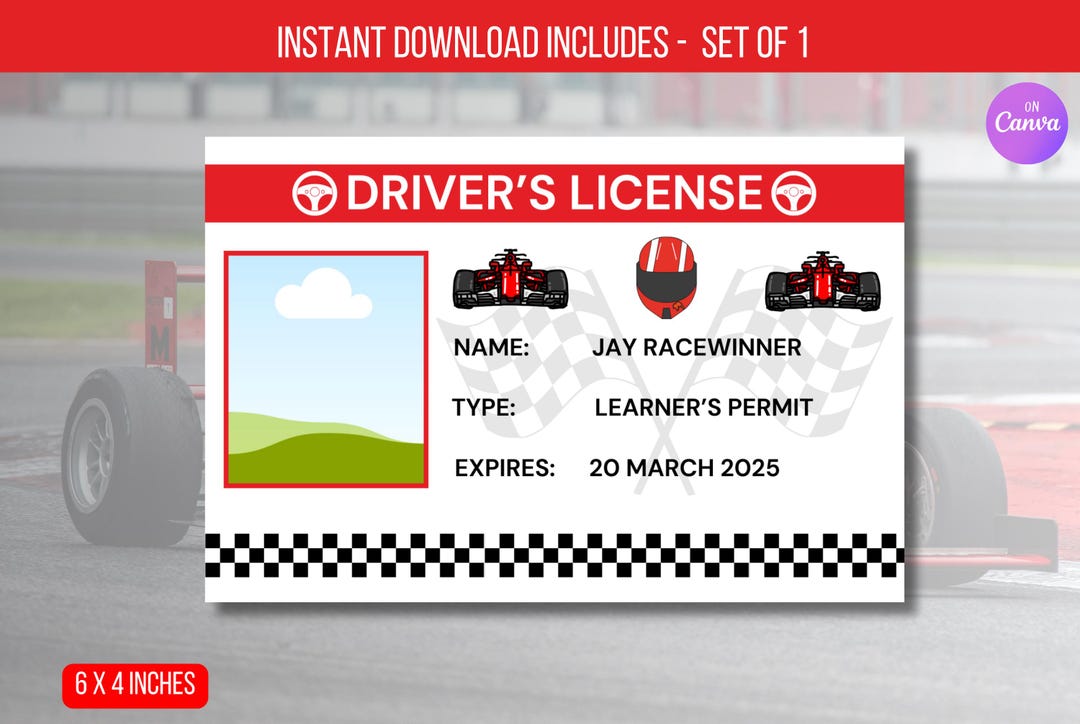 EDITABLE Race Car Drivers License Birthday Party Decorations, ID Badge ...