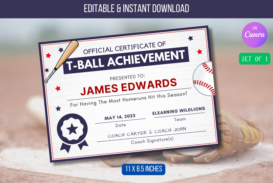 EDITABLE T-ball Award Certificate Template, Baseball Team Awards ...
