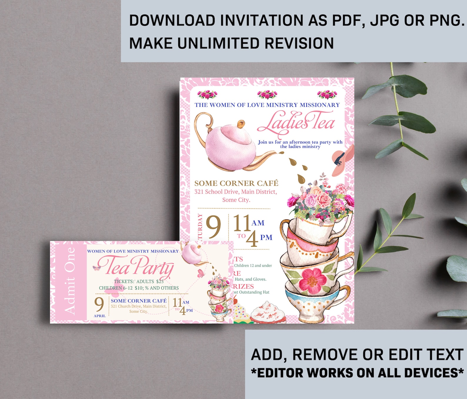 Ladies Tea Event Flyer Printable, Pink and Gold Par-tea Invite Template ...