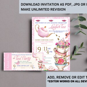 Ladies Tea Event Flyer Printable, Pink and Gold Par-tea Invite Template ...