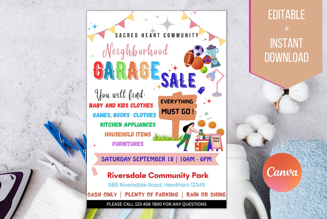 EDITABLE Garage Sale Flyer Template, Neighborhood Yard Sale Template ...