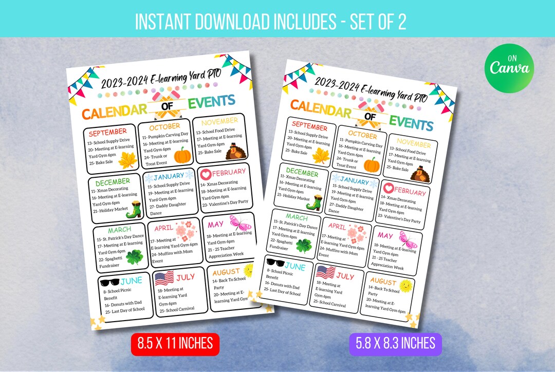 EDITABLE PTO Monthly Event Calendar Flyer Template, Year at a Glance, School Year Fundraiser ...