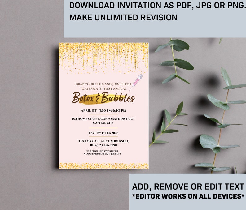 Botox & Bubbles Party Invite, Botox Special Flyer, Editable Canva ...