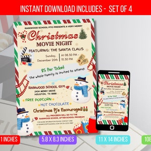 EDITABLE Christmas Movie Night Flyer, School Church Fundraiser Invite ...