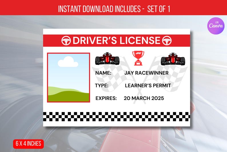 EDITABLE Race Car Drivers License Birthday Party Decorations, ID Badge ...
