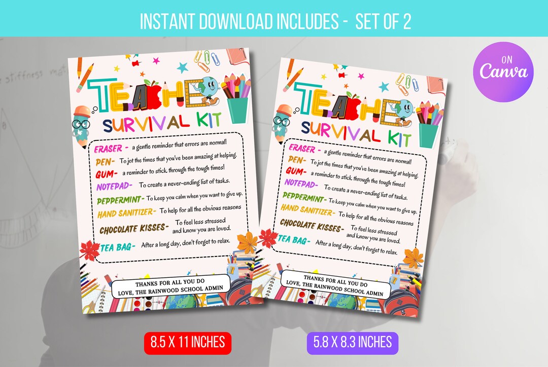 EDITABLE Teacher Survival Kit Template, Teacher Thank You Gift ...