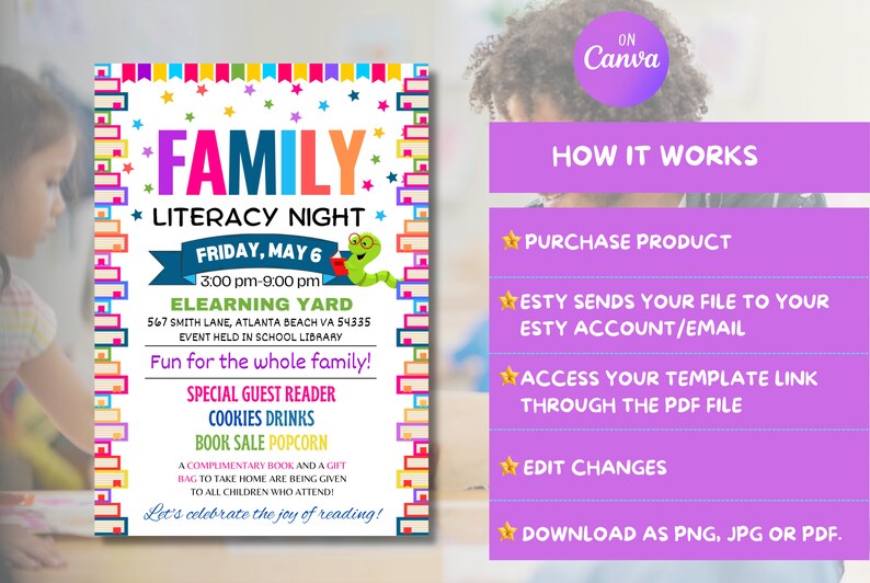 EDITABLE Family Literacy Night Flyer, PTO PTA Reading Book Sale School ...