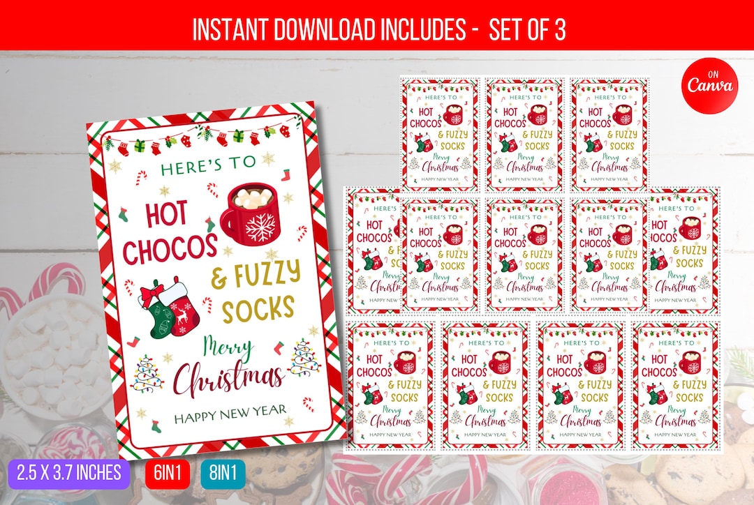 EDITABLE Hot Chocs & Fuzzy Socks Tag, Christmas Gift Tag, Hot Chocolate ...