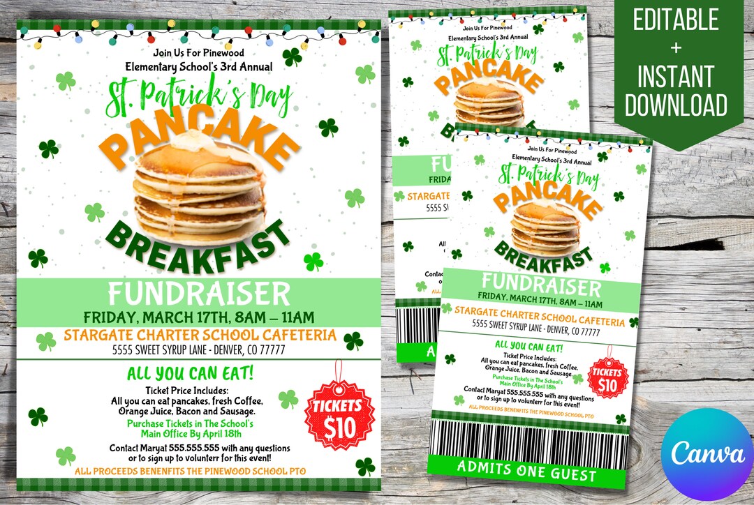 St. Patricks Day Pancake Breakfast Green Fundraiser Flyer and Ticket ...