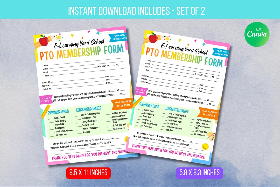 EDITABLE PTO PTA Membership Form, Pto/pta Parent Volunteer Sign up Form ...