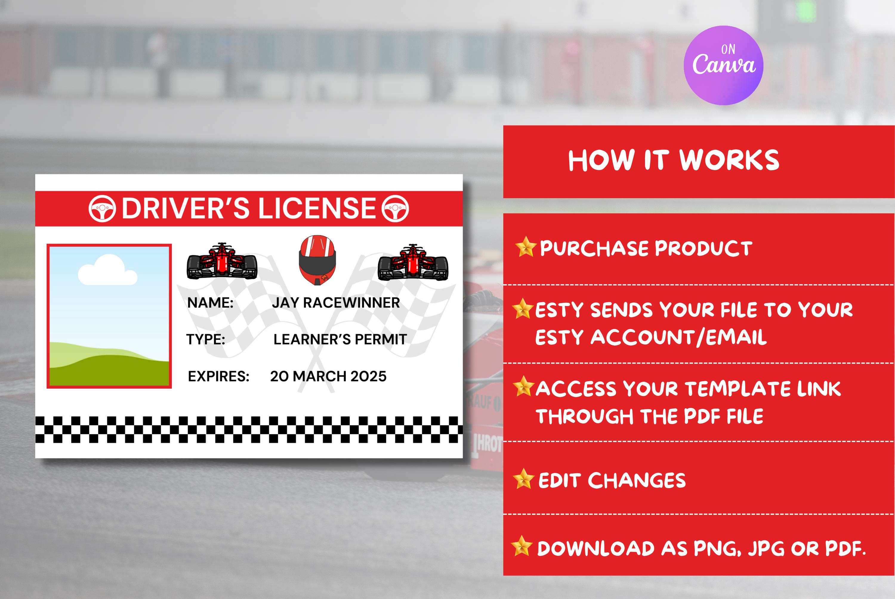 EDITABLE Race Car Drivers License Birthday Party Decorations, ID Badge ...