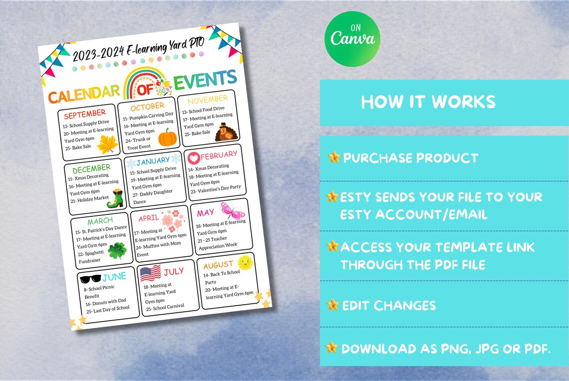 EDITABLE PTO Monthly Event Calendar Flyer Template, Year at a Glance ...