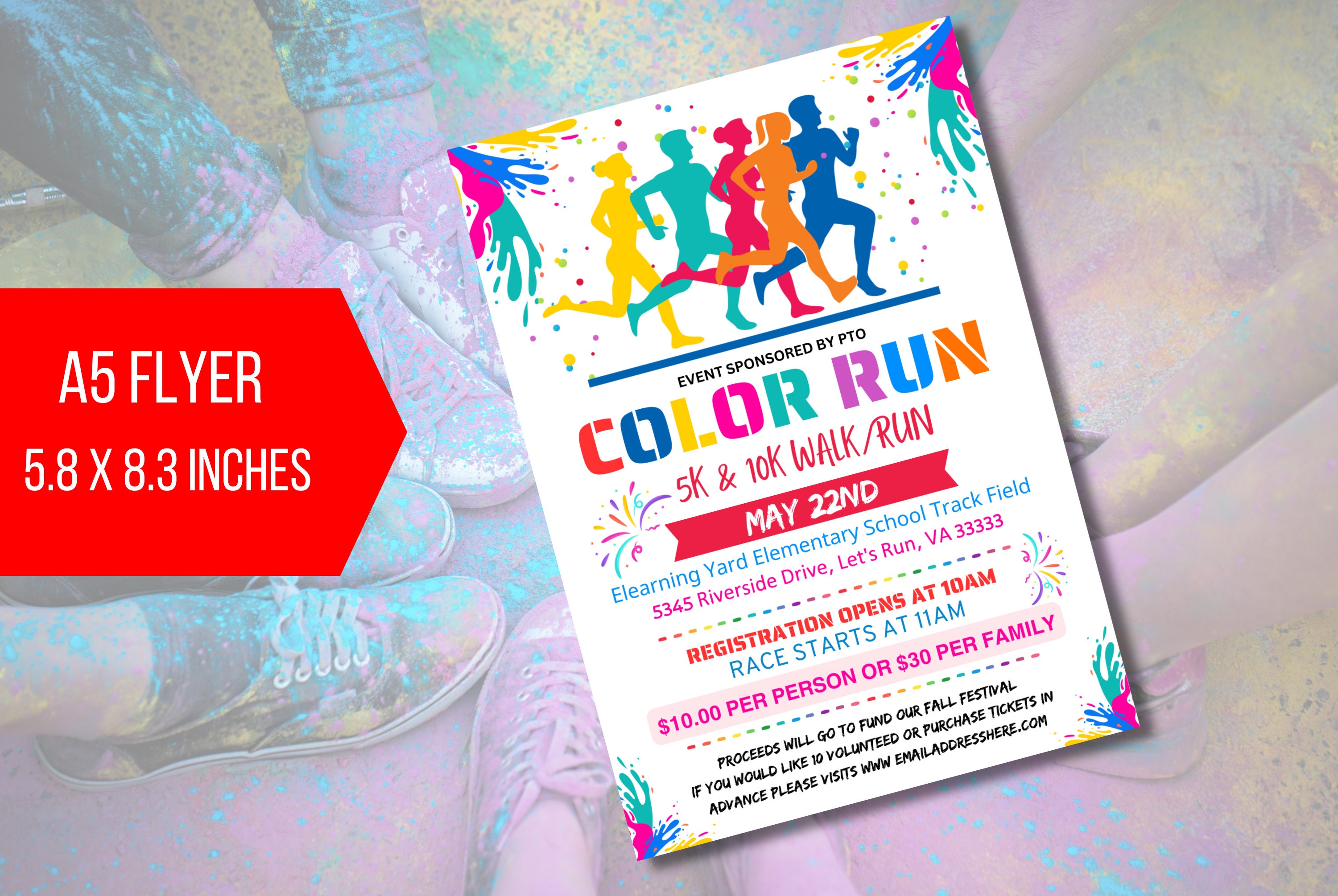 EDITABLE Color Run Invitation Flyer, School Community Fundraiser Event ...